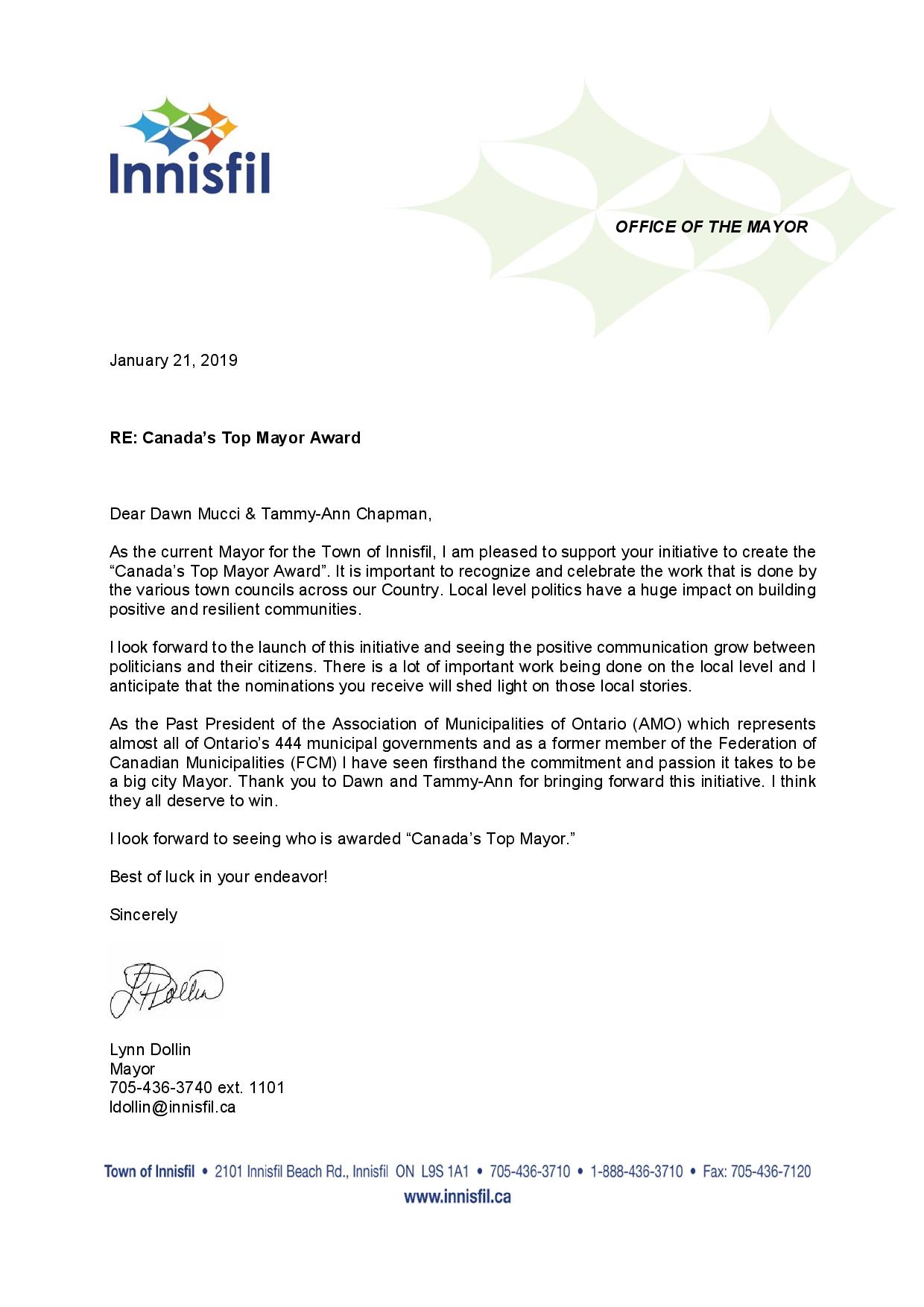 LETTERS OF SUPPORT - Canada's Top Mayor Award