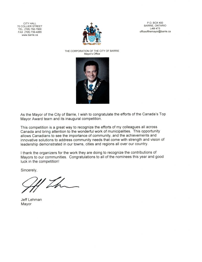 LETTERS OF SUPPORT - Canada's Top Mayor Award